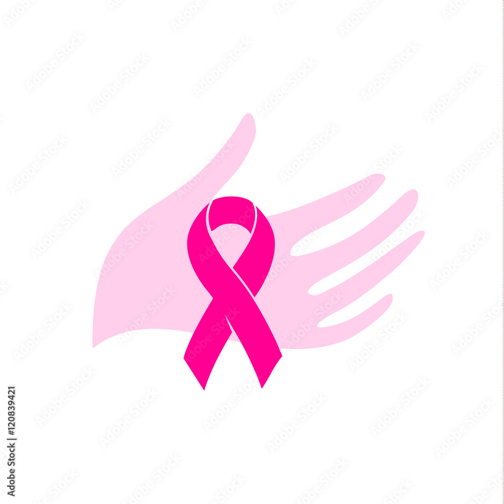 Isolated pink color ribbon in a human hand on the white background logo ...