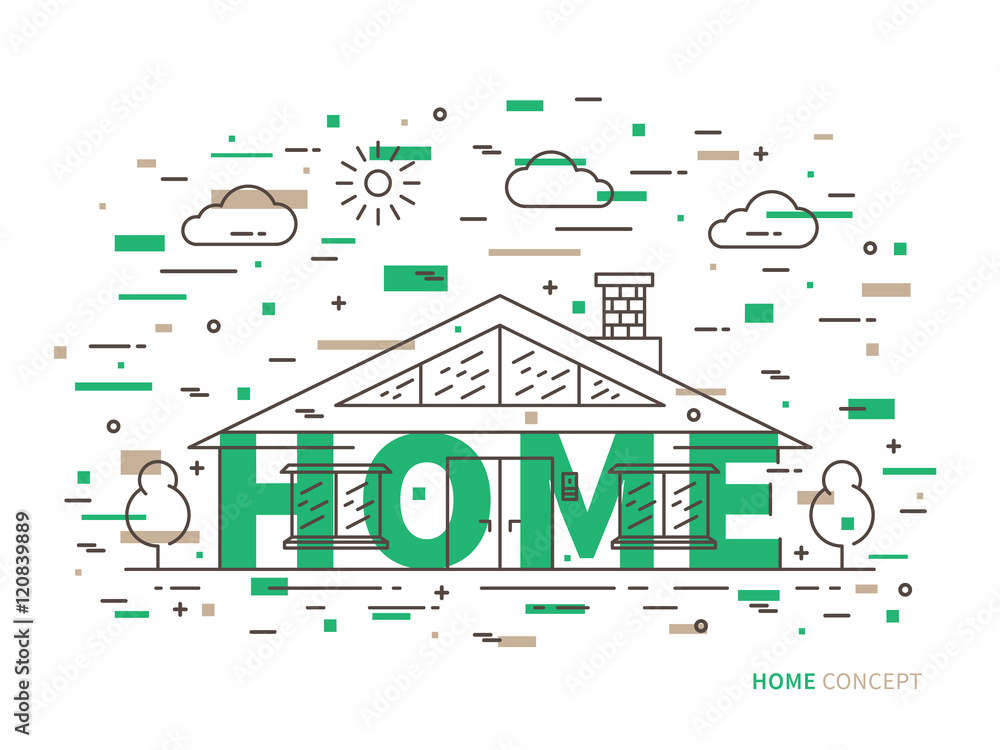 Linear house (cottage, mansion) flat illustration in modern minimal ...