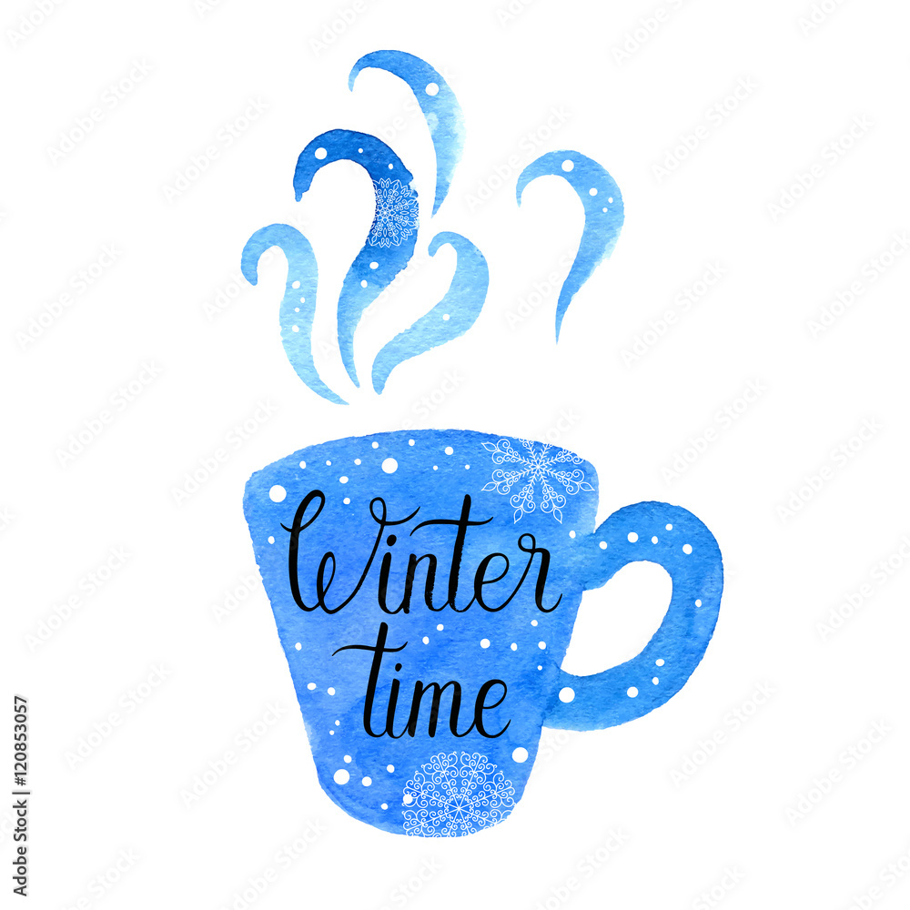 Winter time Christmas greeting card, poster with hand drawn blue ...