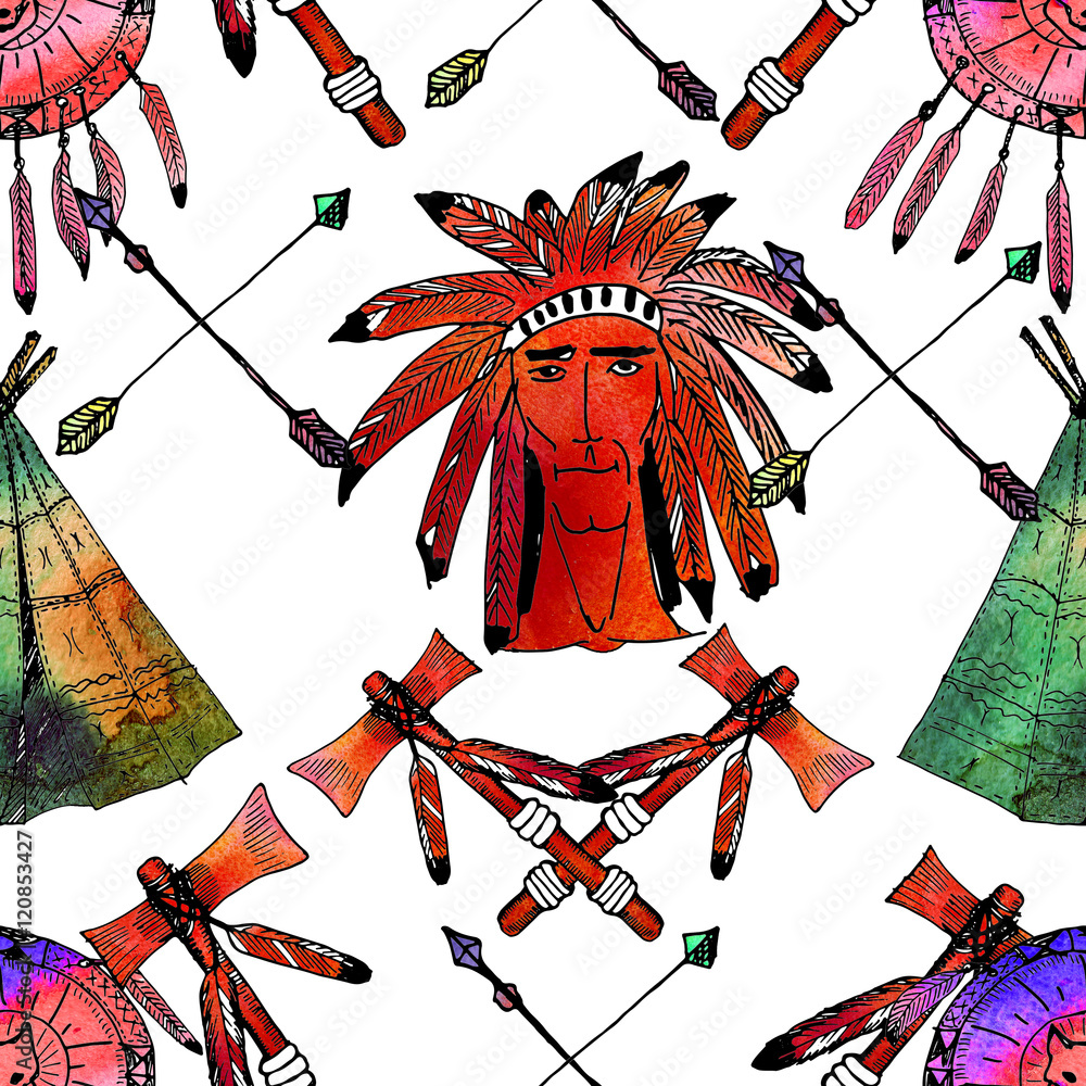 Watercolor colorful seamless background. Ink illustration.Tribal ...