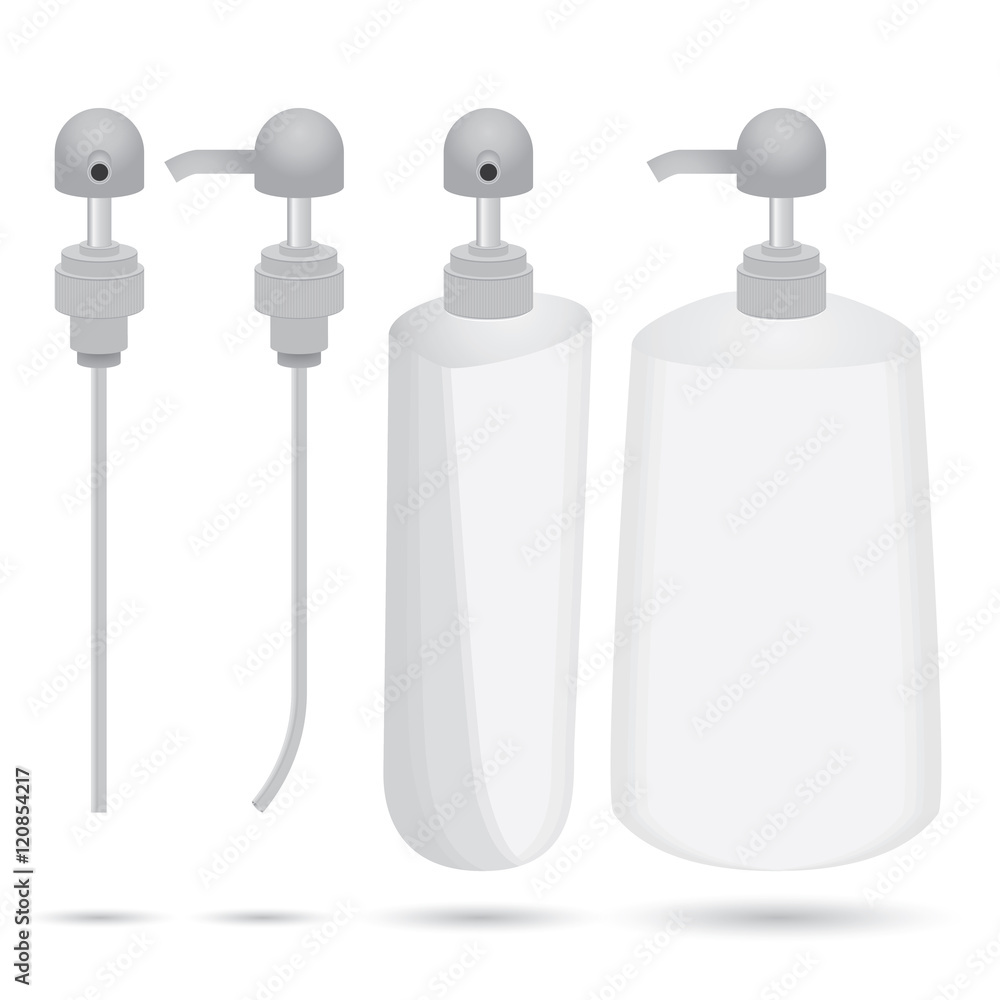 Plastic bottle and dispenser design set of Top view, Side view isolated ...