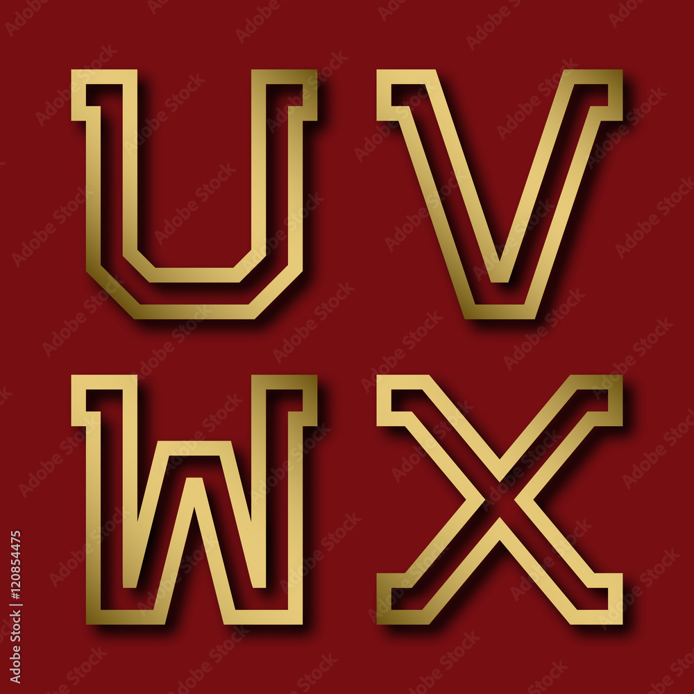 U, V, W, X gold angular letters with shadow. Trendy and stylish golden ...