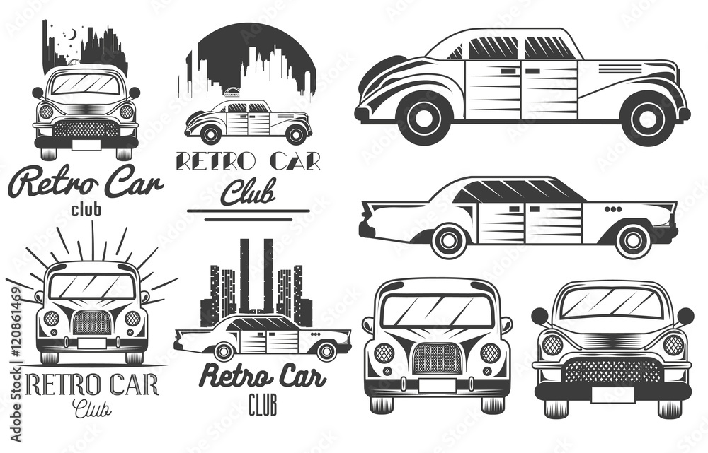Vector set of retro car club logos, banners, badges, labels or emblems ...