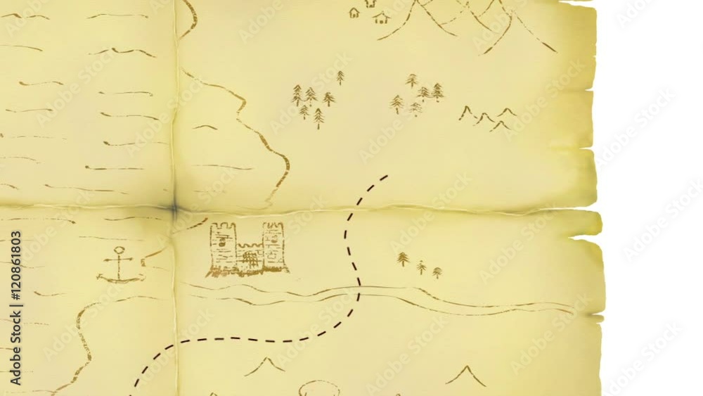 Faded old treasure map animation showing route to X marks the spot ...