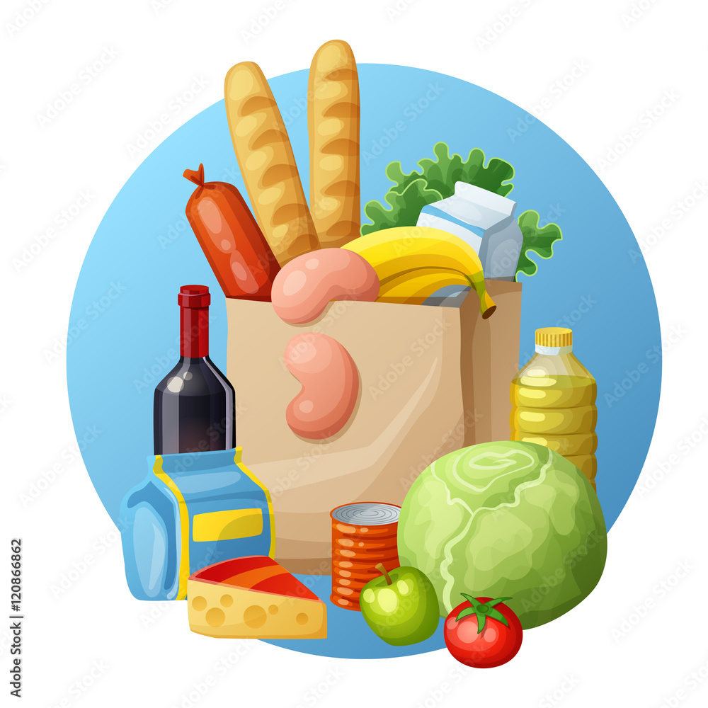 Grocery bag. Cartoon vector illustration. Bread, bananas, green, wine ...