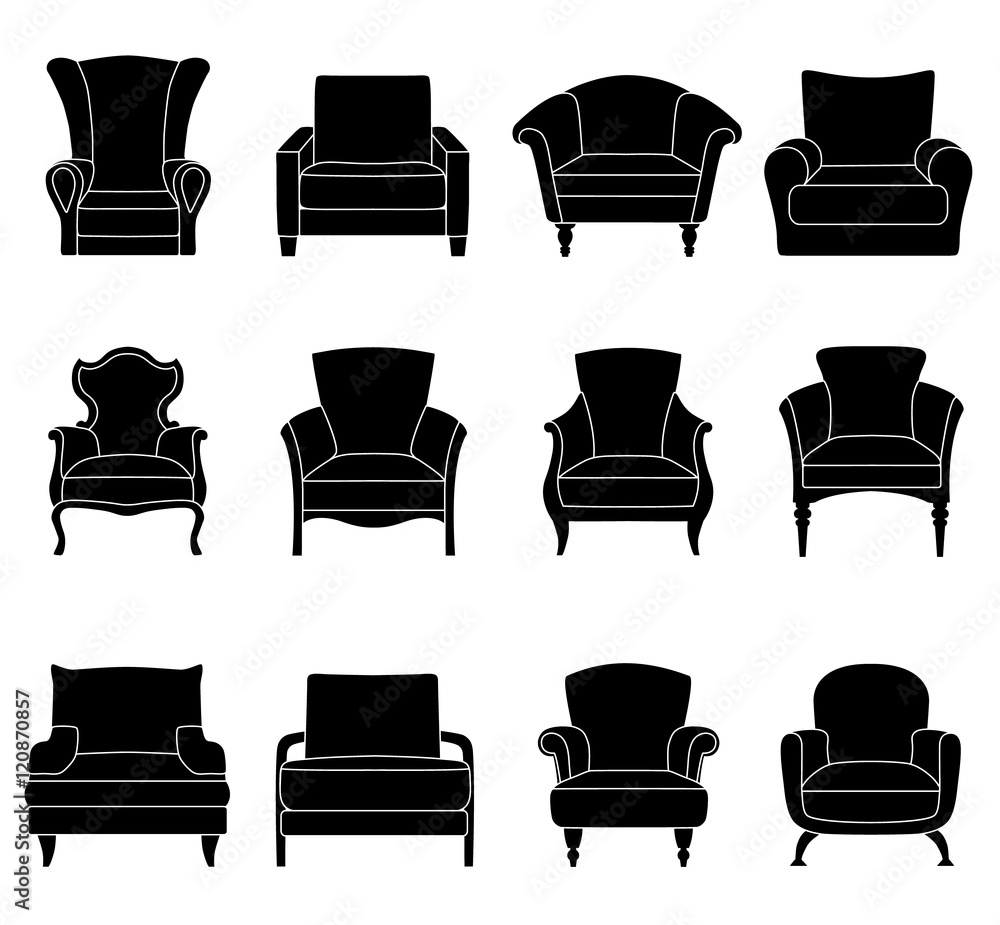 Set of silhouettes of armchairs isolated on white background. Vector ...