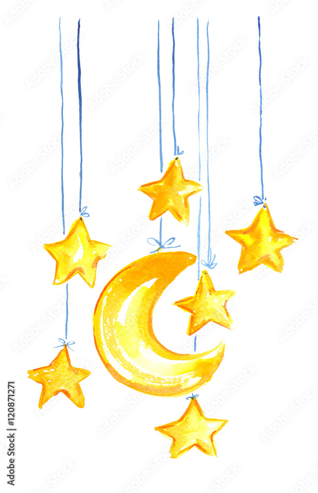 Crescent moon and stars hanging from strings painted in watercolor on ...
