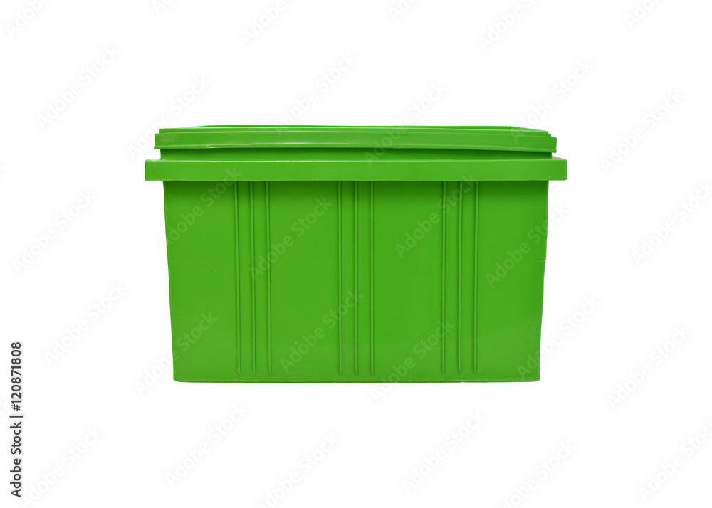 Green plastic box packaging of finished goods product on white ...