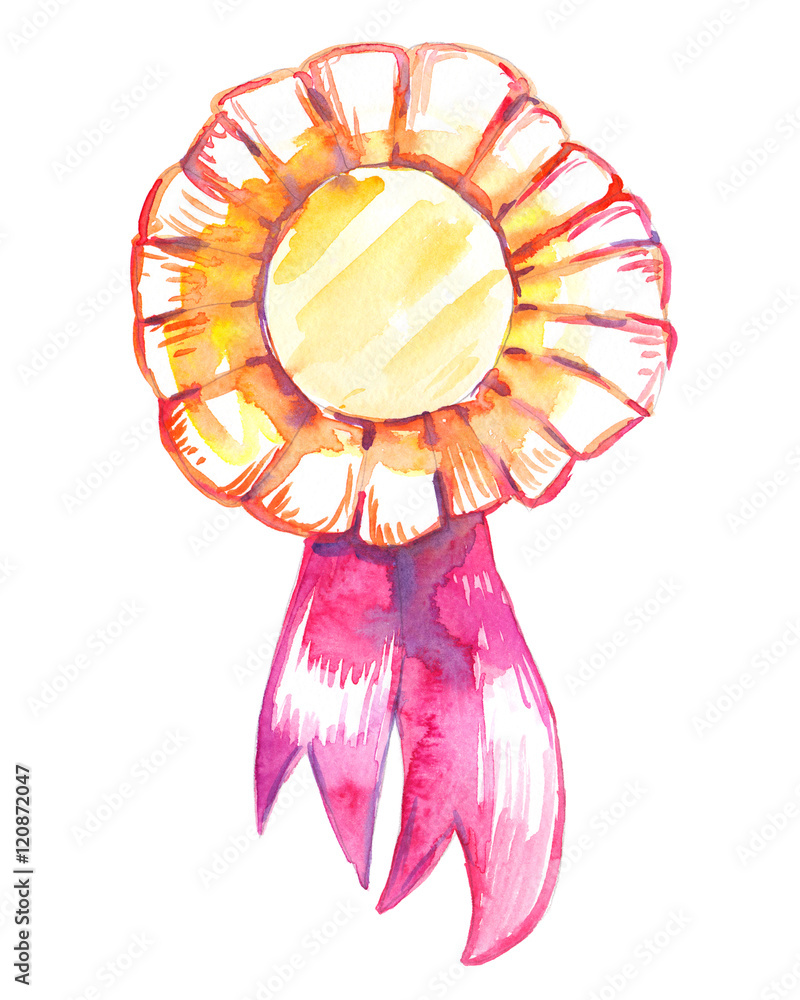 Blank golden yellow award with bright pink and purple ribbons painted ...