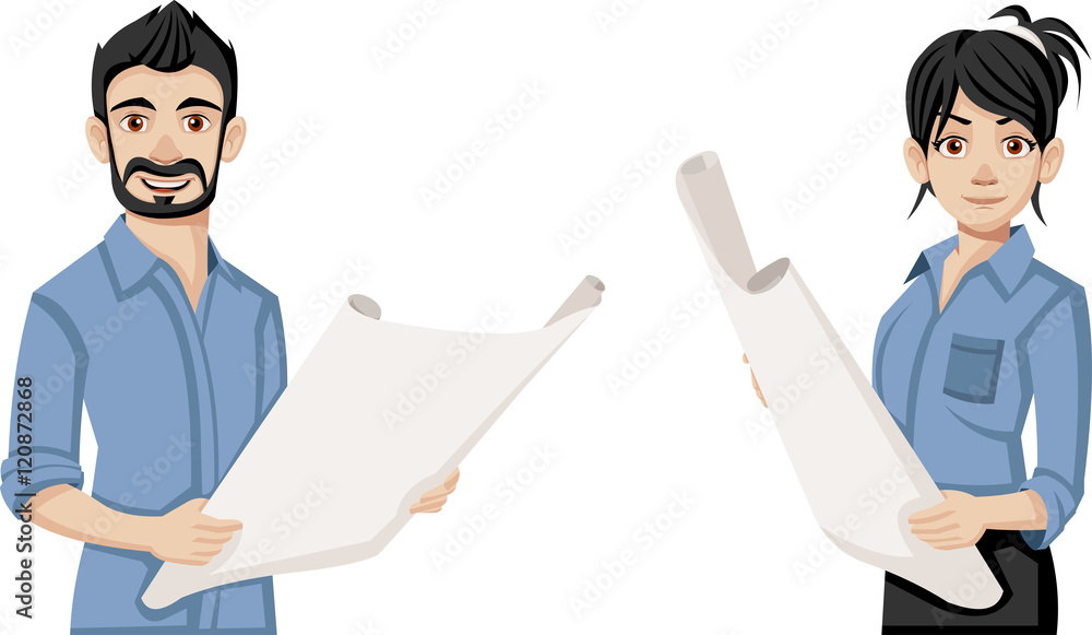 Cartoon young architects holding blueprint. Stock Vector | Adobe Stock