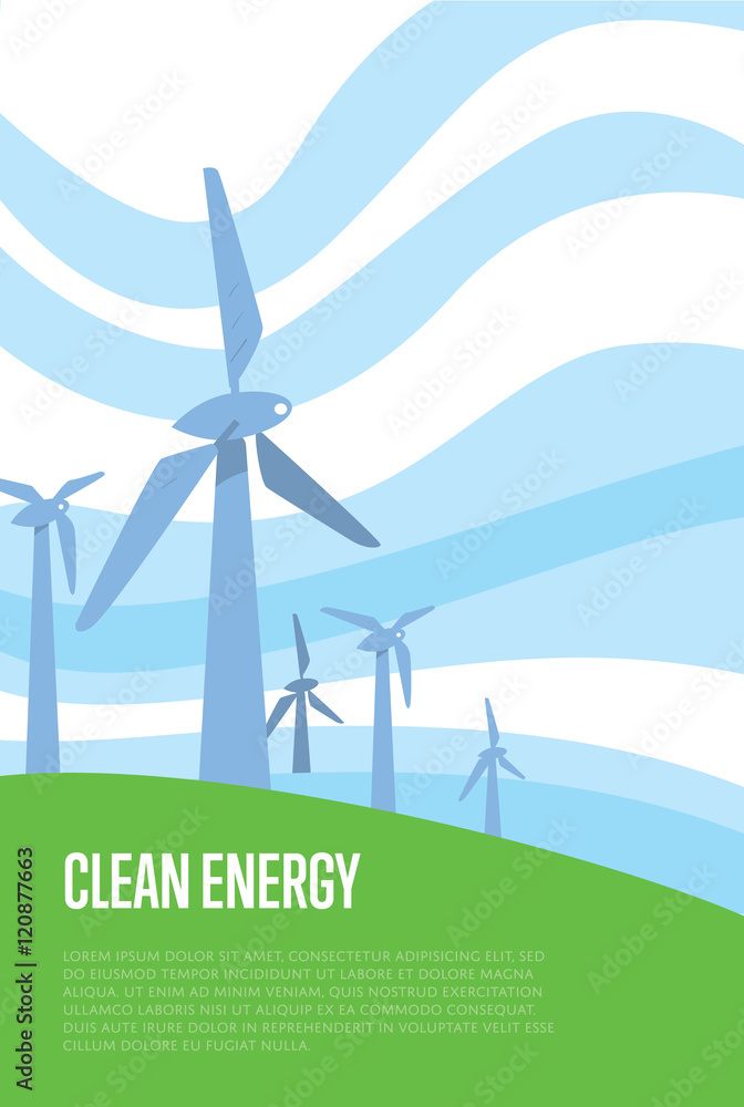 Clean energy vector illustration. Wind turbines in green field on ...