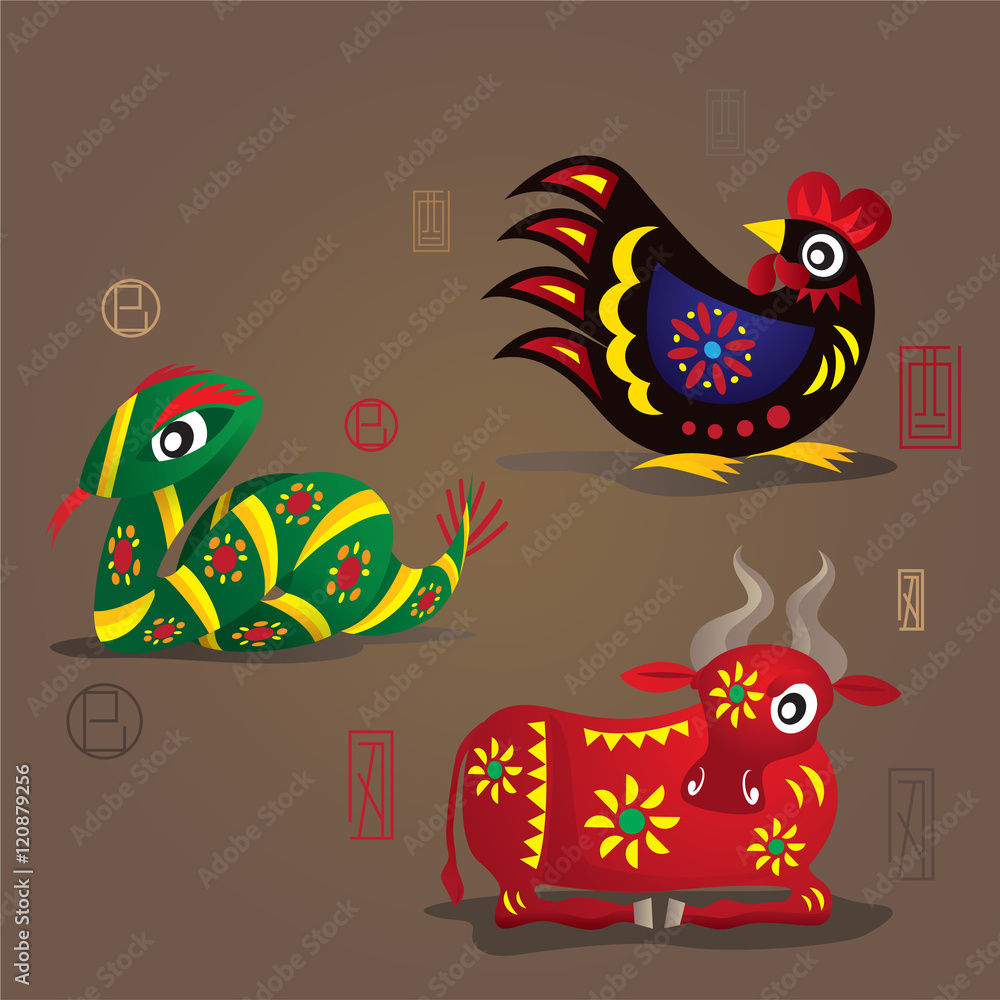 3 Chinese Zodiac Mascots: Rooster, Snake and Ox Stock Vector | Adobe Stock