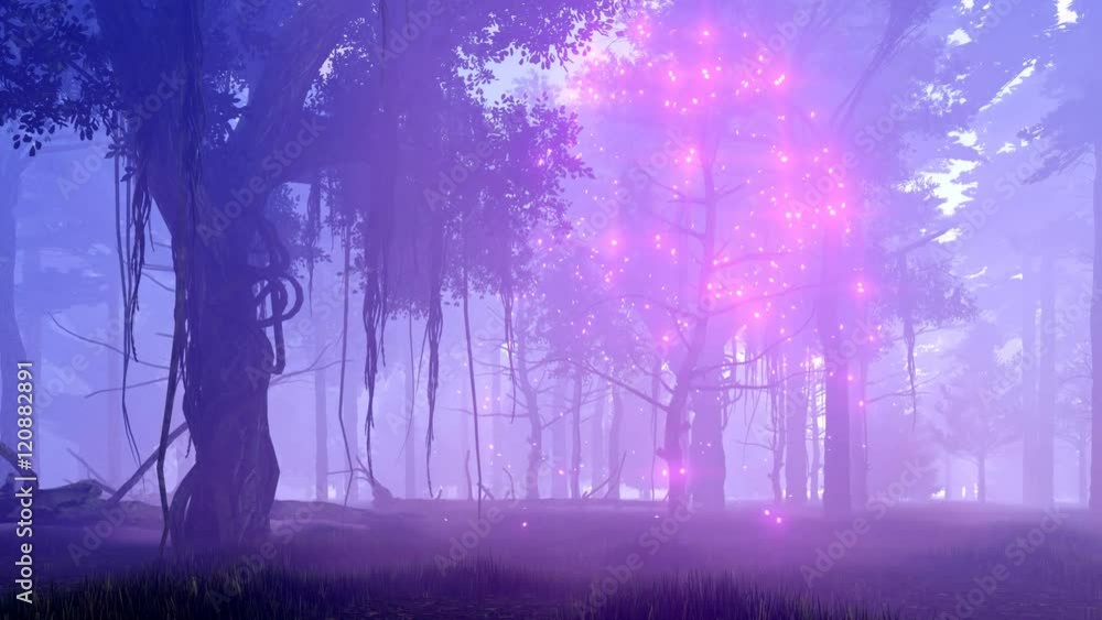 Dreamlike woodland scene with ghost dead tree surrounded by magical ...