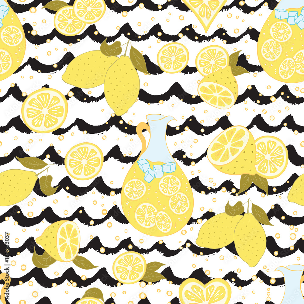 Bright seamless background with yellow lemon slice, lemonade and black ...