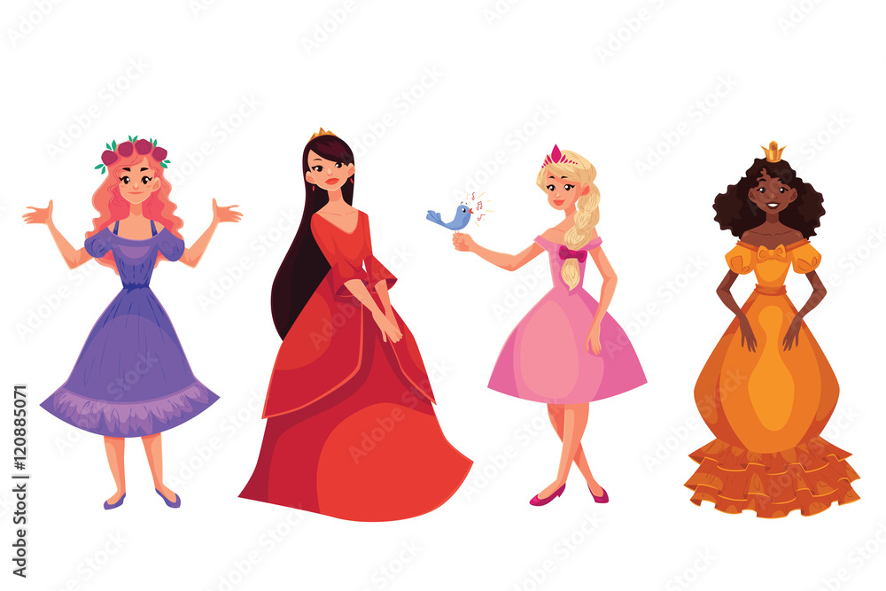 Cute collection of beautiful princesses, cartoon vector illustration ...