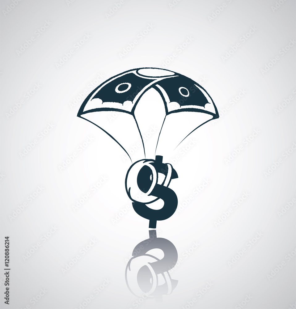 Flying dollar currency sign with parachute, on reflection. Eps 10 ...