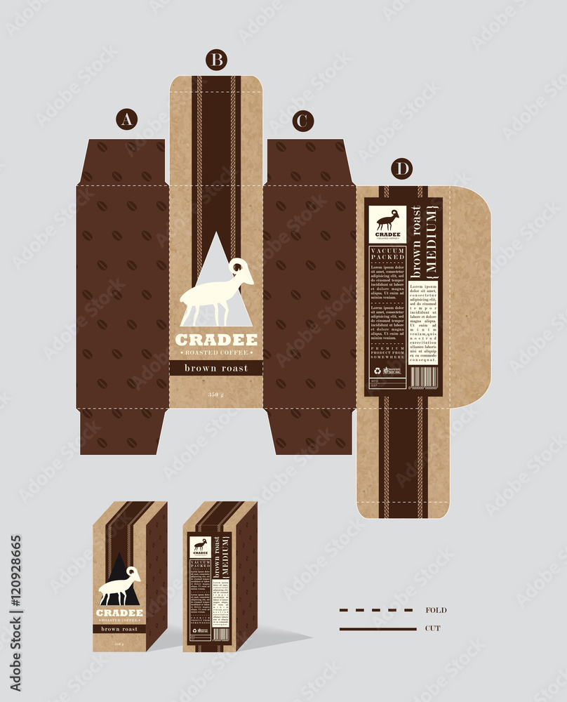 Branding and Box Packaging design for a coffee. Vector template ...