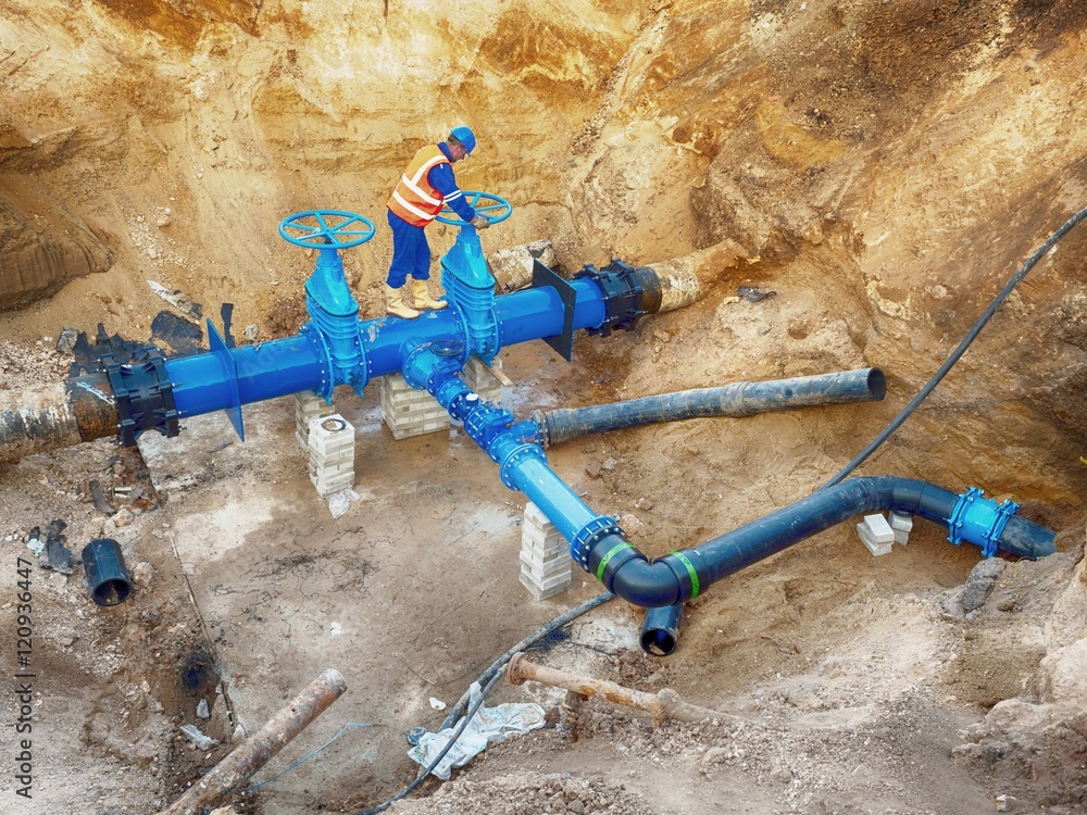 Technical open gate valve on drink water pipes joined with new black ...