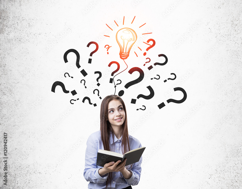 Girl with book and question marks with bulb Stock Photo | Adobe Stock