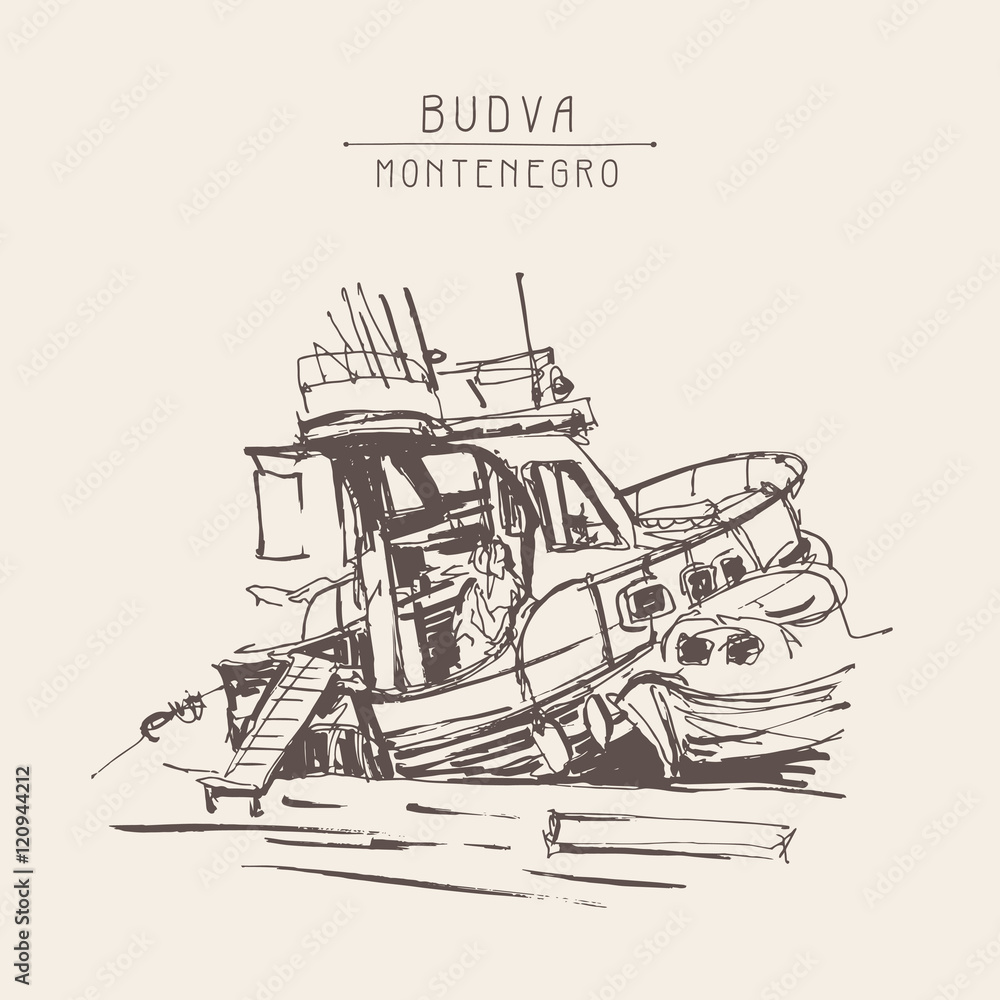 ink sketch drawing of boat in marine, vintage touristic pastcard Stock ...