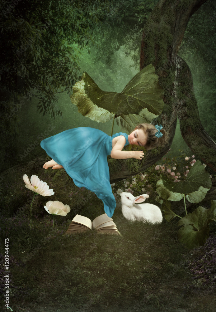 Little girl sleeping on a tree under the mug and white bunny in forest ...