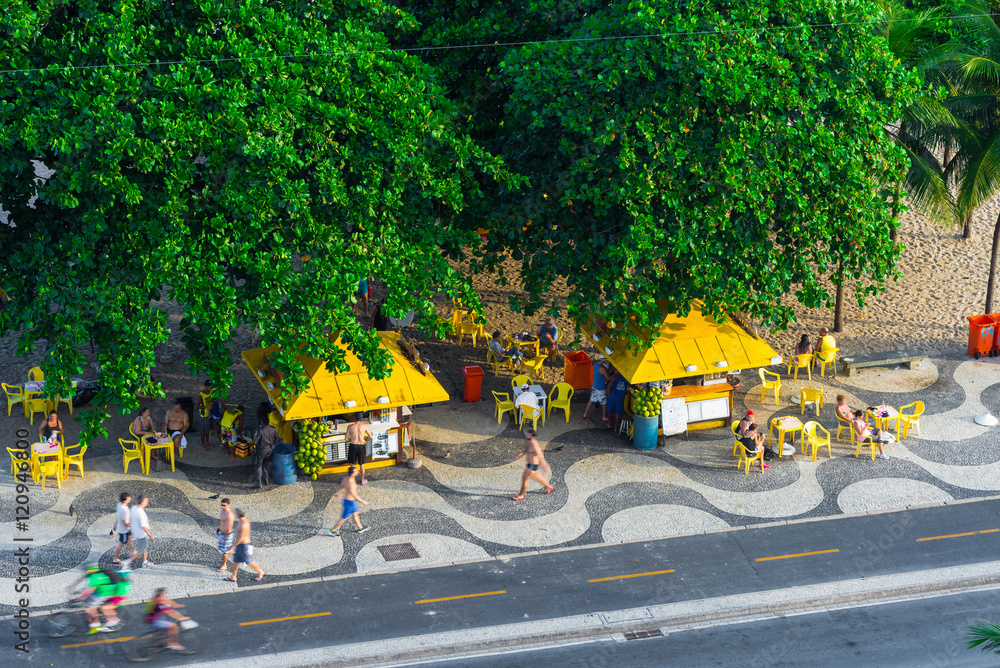 Copacabana beach with mosaic of sidewalk in Rio de Janeiro. Brazil ...