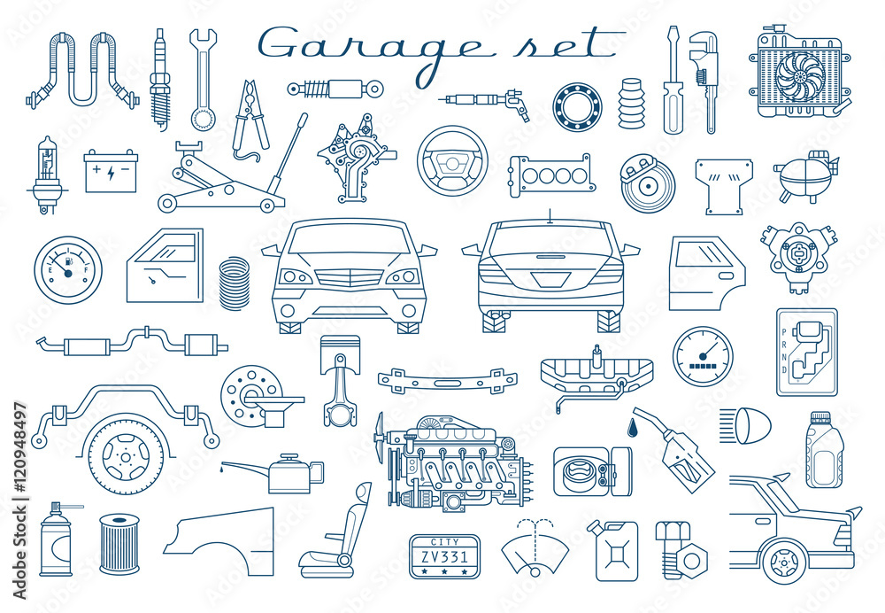 Garage. Vector car parts set outline details. Isolated Stock Vector ...