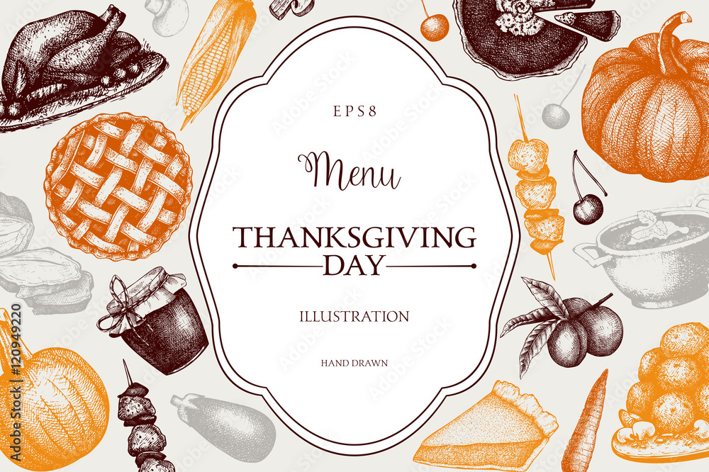 Thanksgiving Day menu design. Vector frame with hand drawn traditional ...