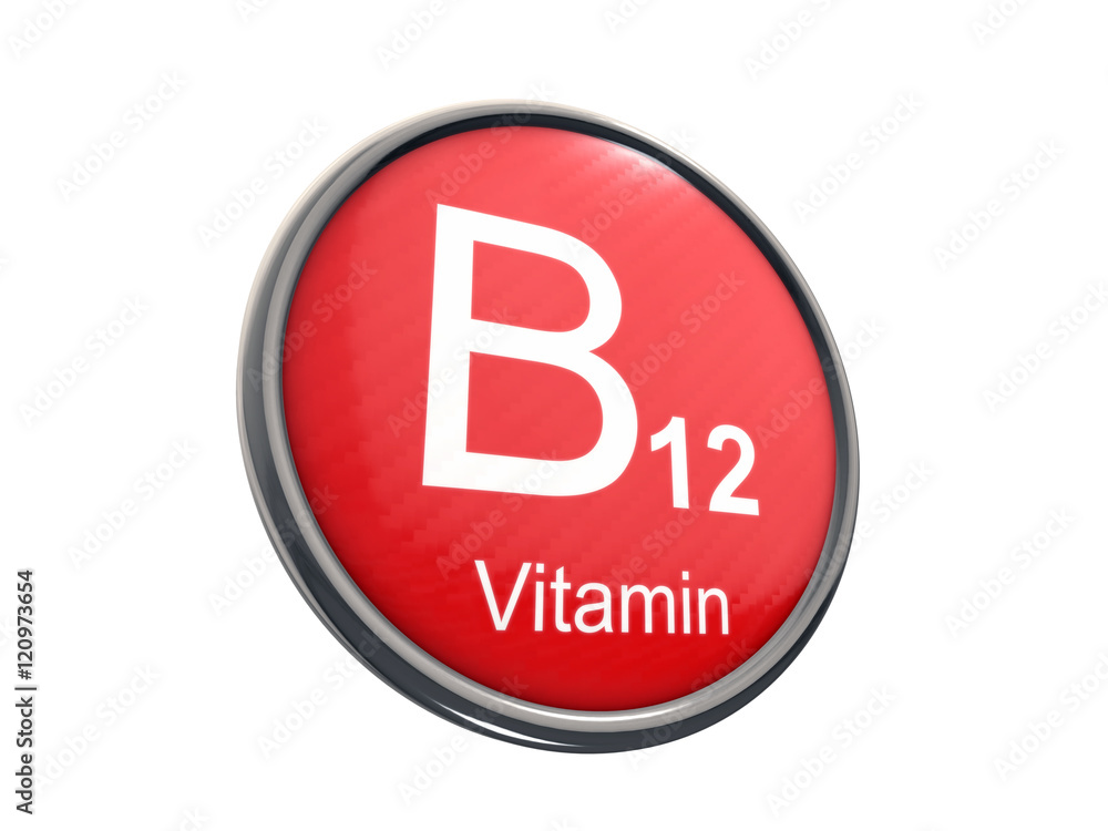 B12 vitamin symbol on red glossy round icon isolated on white ...