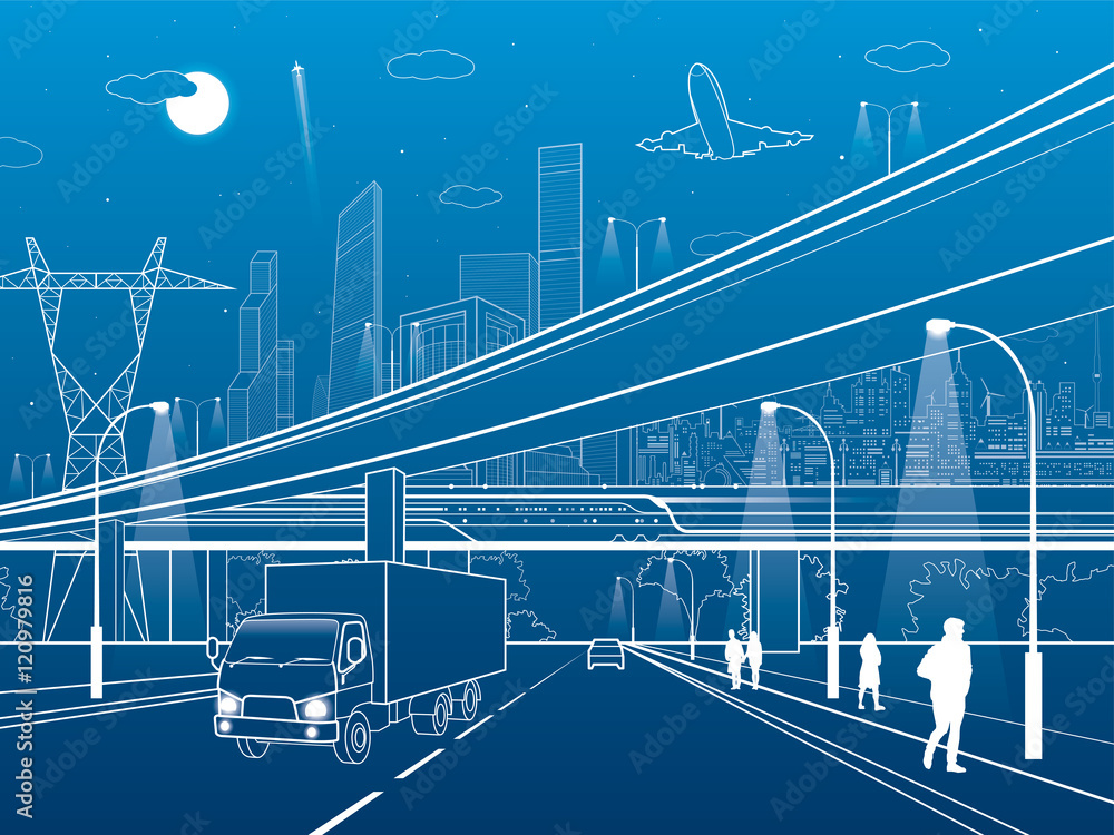 Car overpass, infrastructure, urban plot, airplane takes off, train ...