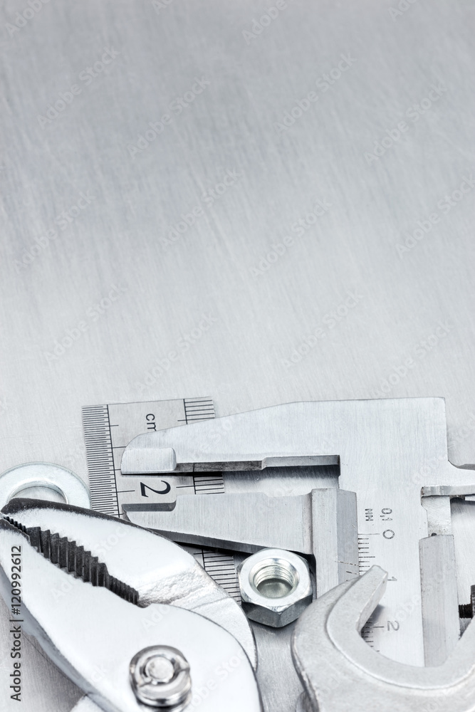 scratched metal surface background with set of different measuring ...