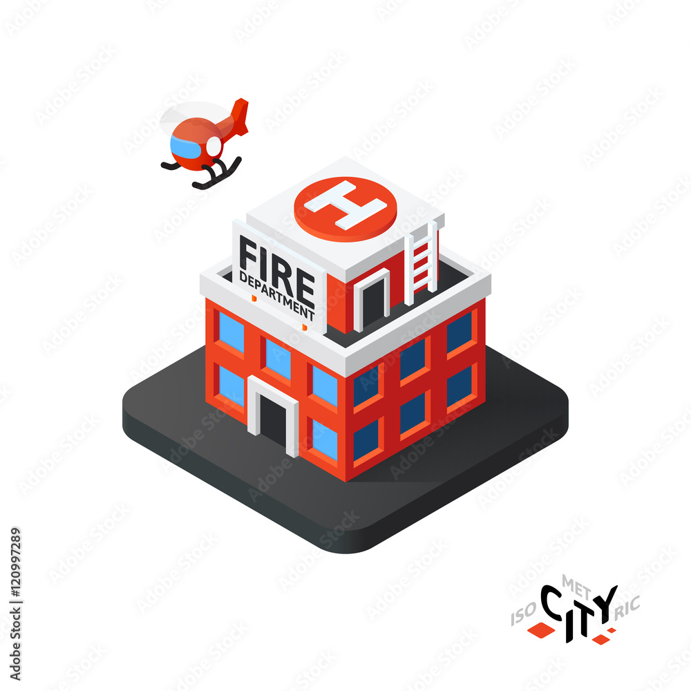 Isometric fire department icon, building city infographic element ...