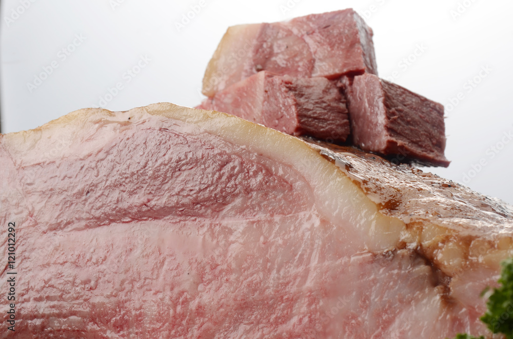 Roasted beef meat on white background in restaurant Stock Photo | Adobe ...