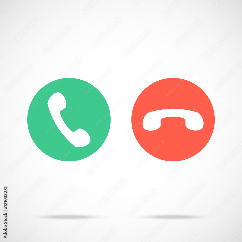 Phone call icons set. Flat design red and green handset pictograms ...