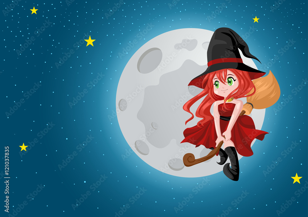 Cute cartoon witch flying with her broom during full moon Stock Vector ...