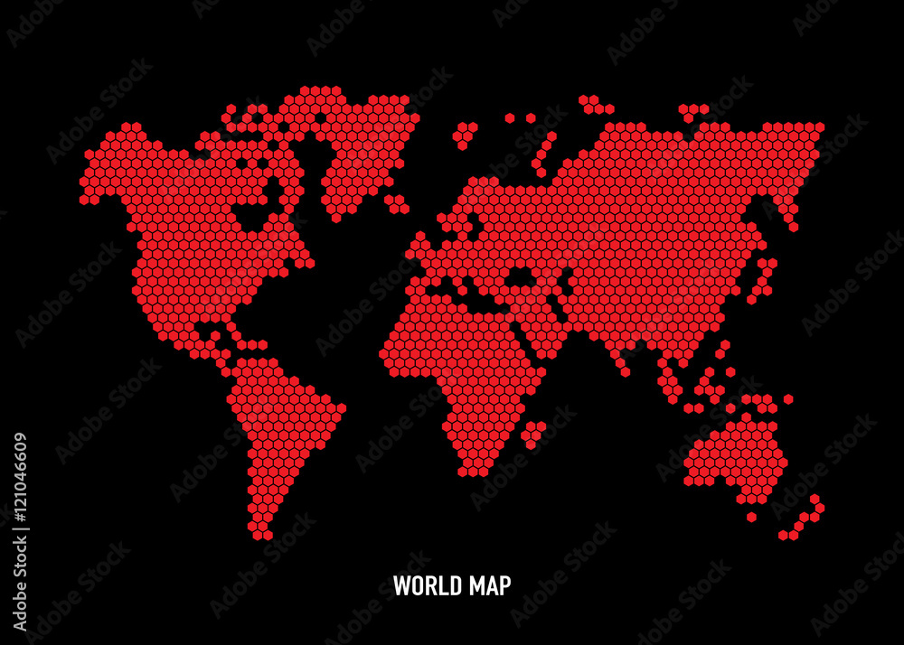 Hexagon shape world map on black background, vector image. Stock Vector ...