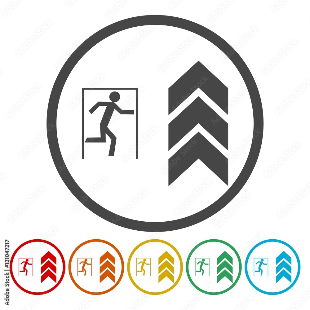 Human running symbol. Emergency exit with arrow sign. Icons in circles ...