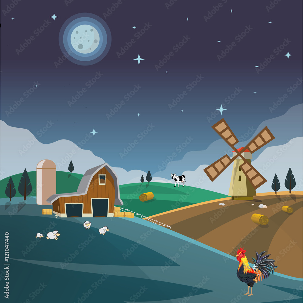 Farm field flat countryside night landscape. Organic food agriculture ...