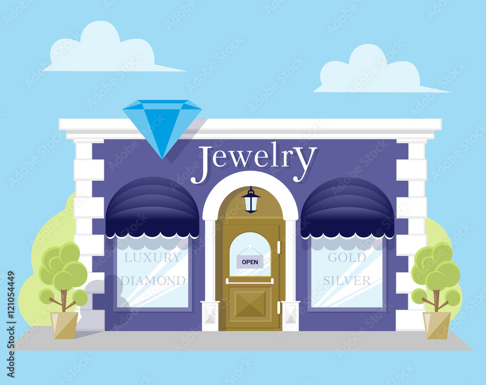 Facade jewelry store with a signboard, awning and silhouettes title in ...