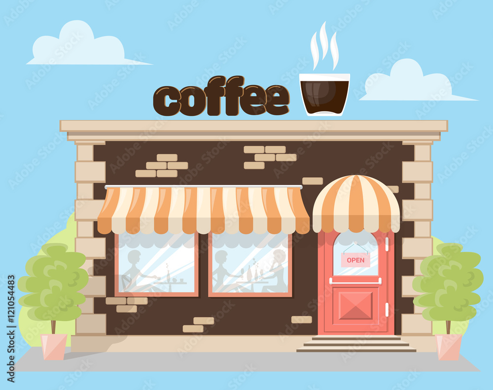 Facade cafe with a signboard, awning and silhouettes people in ...