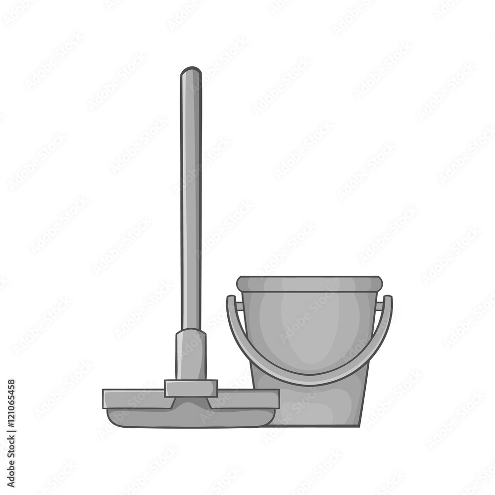 Mop and bucket icon in black monochrome style isolated on white ...