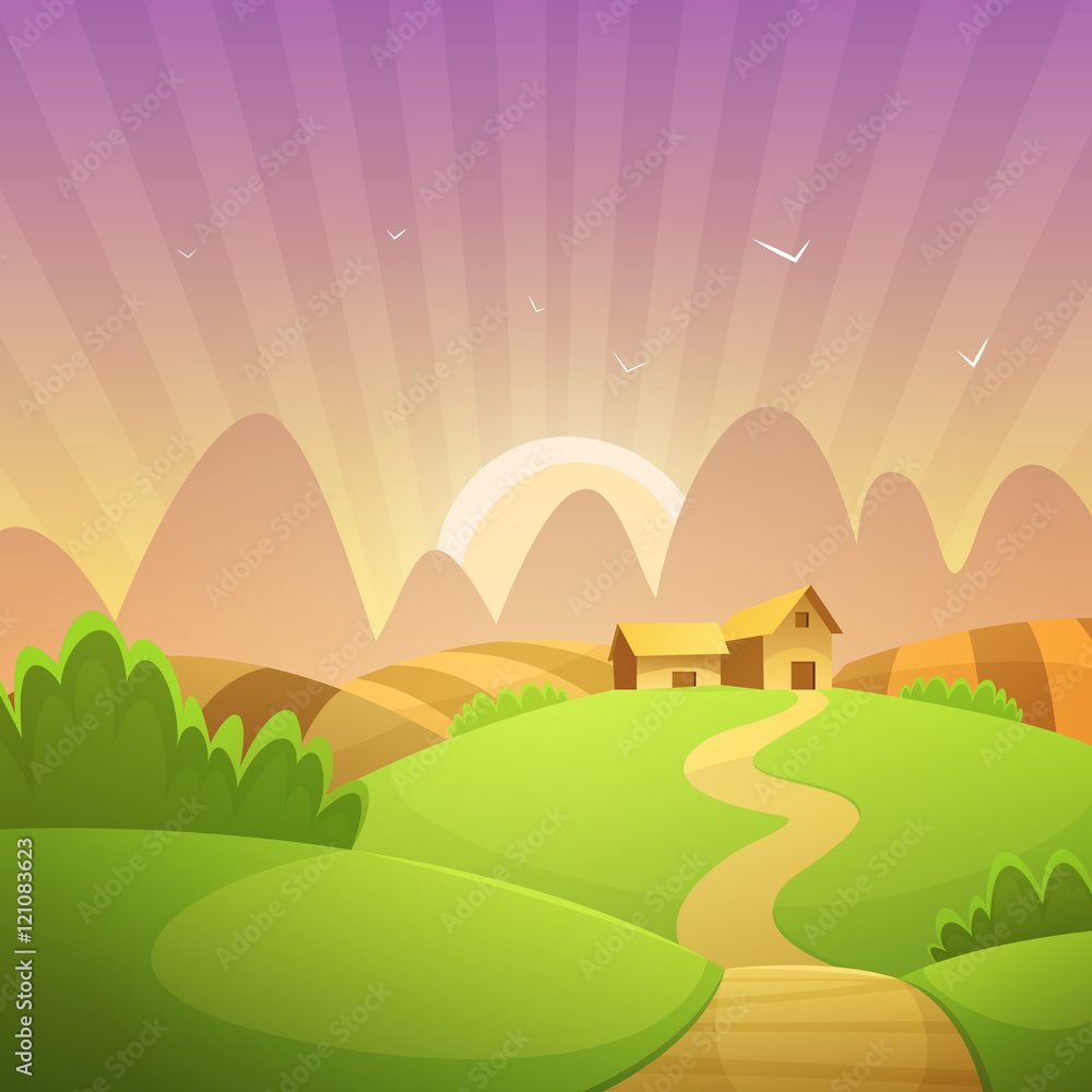 Rural landscape with farm barn, cartoon vector illustration. Stock ...