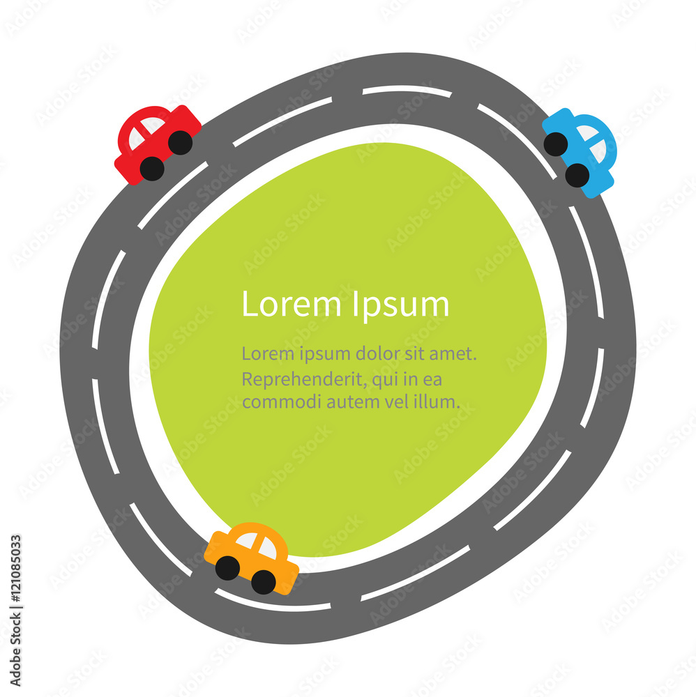 Curve round road and cartoon cars. Flat design. Green grass. White ...