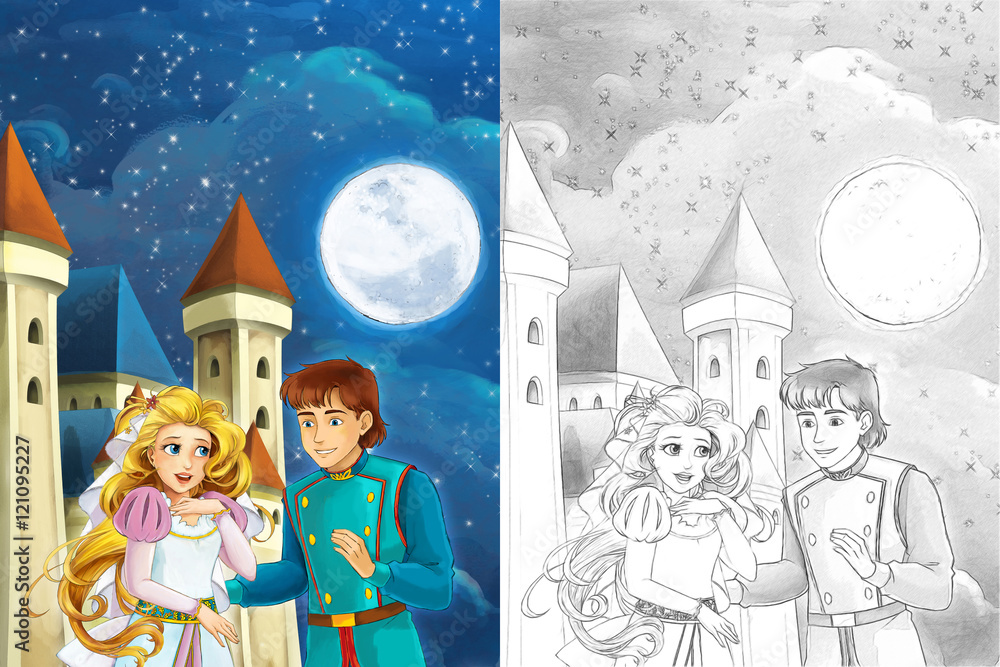 cartoon scene with young and beautiful princess smiling during romantic ...