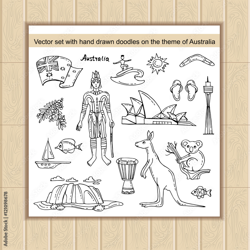 Vector set with hand drawn isolated doodles on the theme of Australia ...
