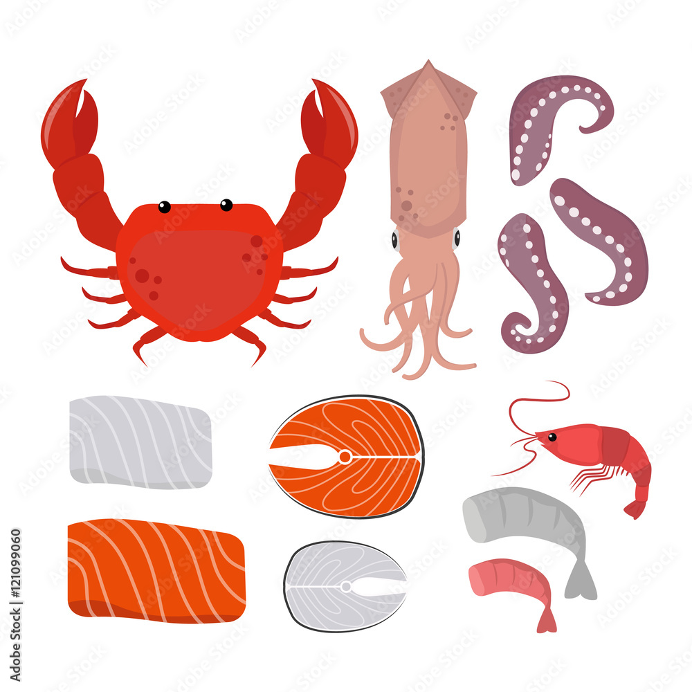 Seafood set design flat fish and crab. Seafood fish, seafood platter ...
