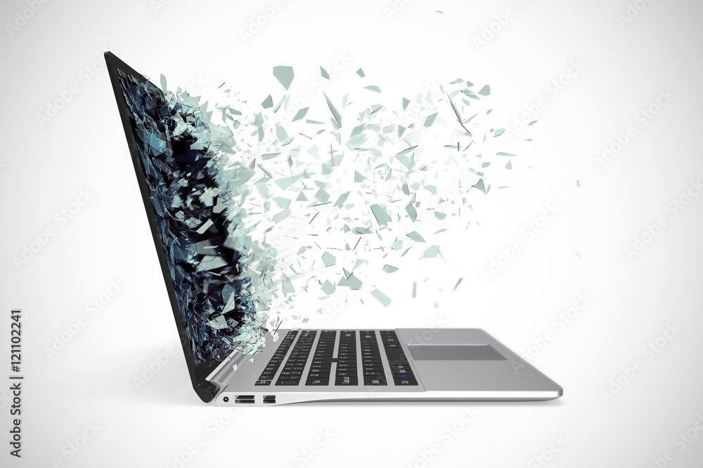 Modern metal laptop with broken screen isolated on white background. 3d ...