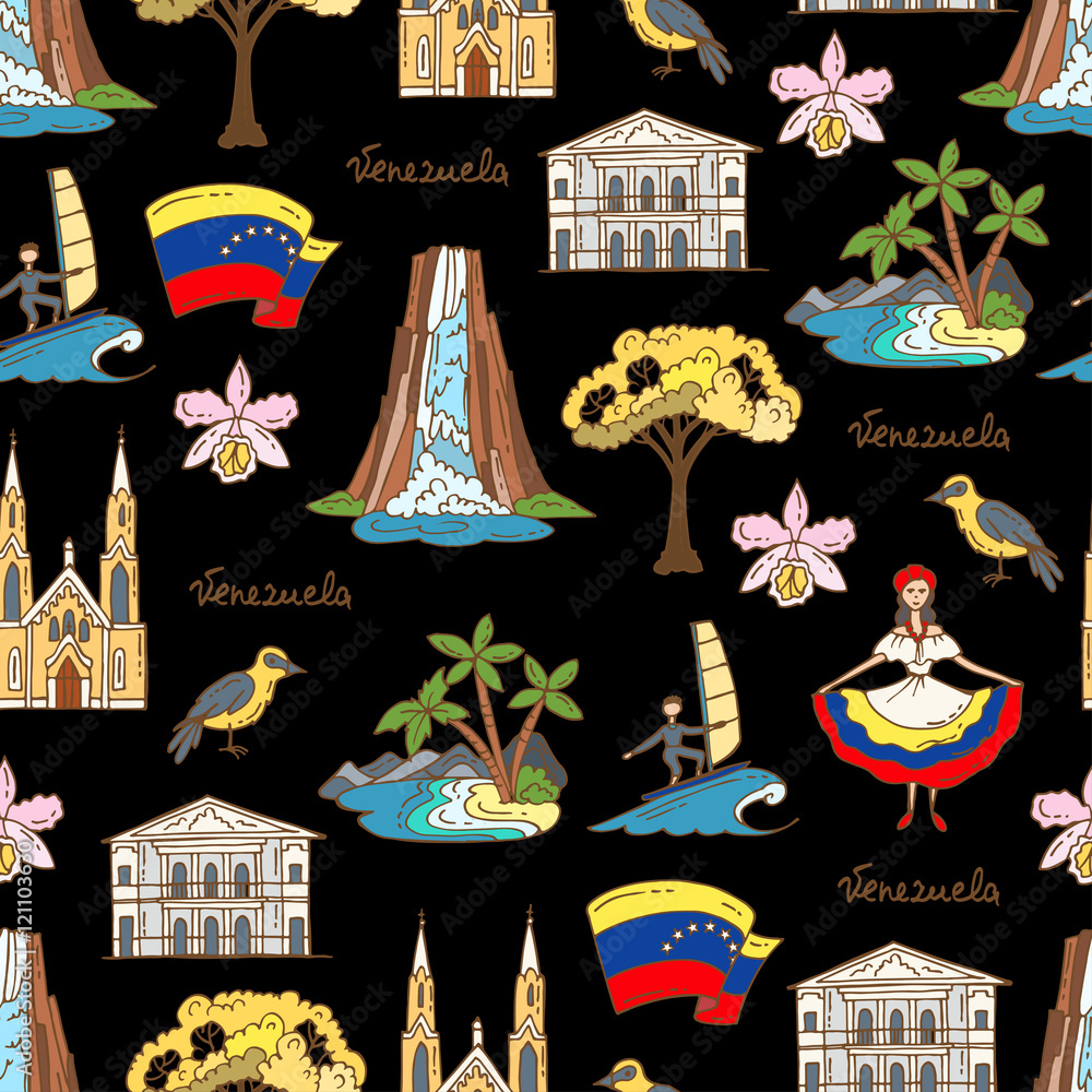 Vector seamless pattern with hand drawn colored symbols of Venezuela on ...