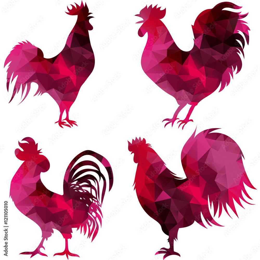Rooster, triangular geometric polygonal roosters, isolated illustration ...