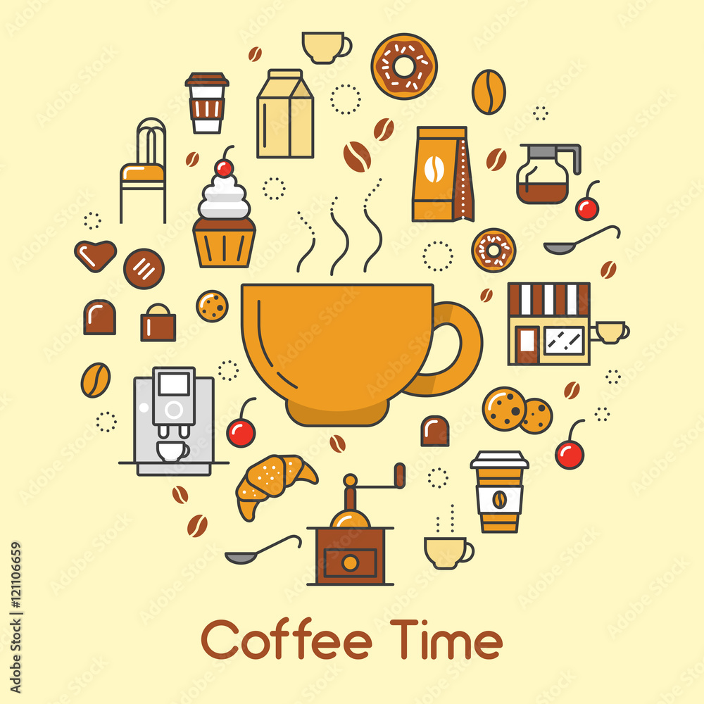 Coffee Time Line Art Thin Vector Icons Set with Coffee Cups and Beans ...